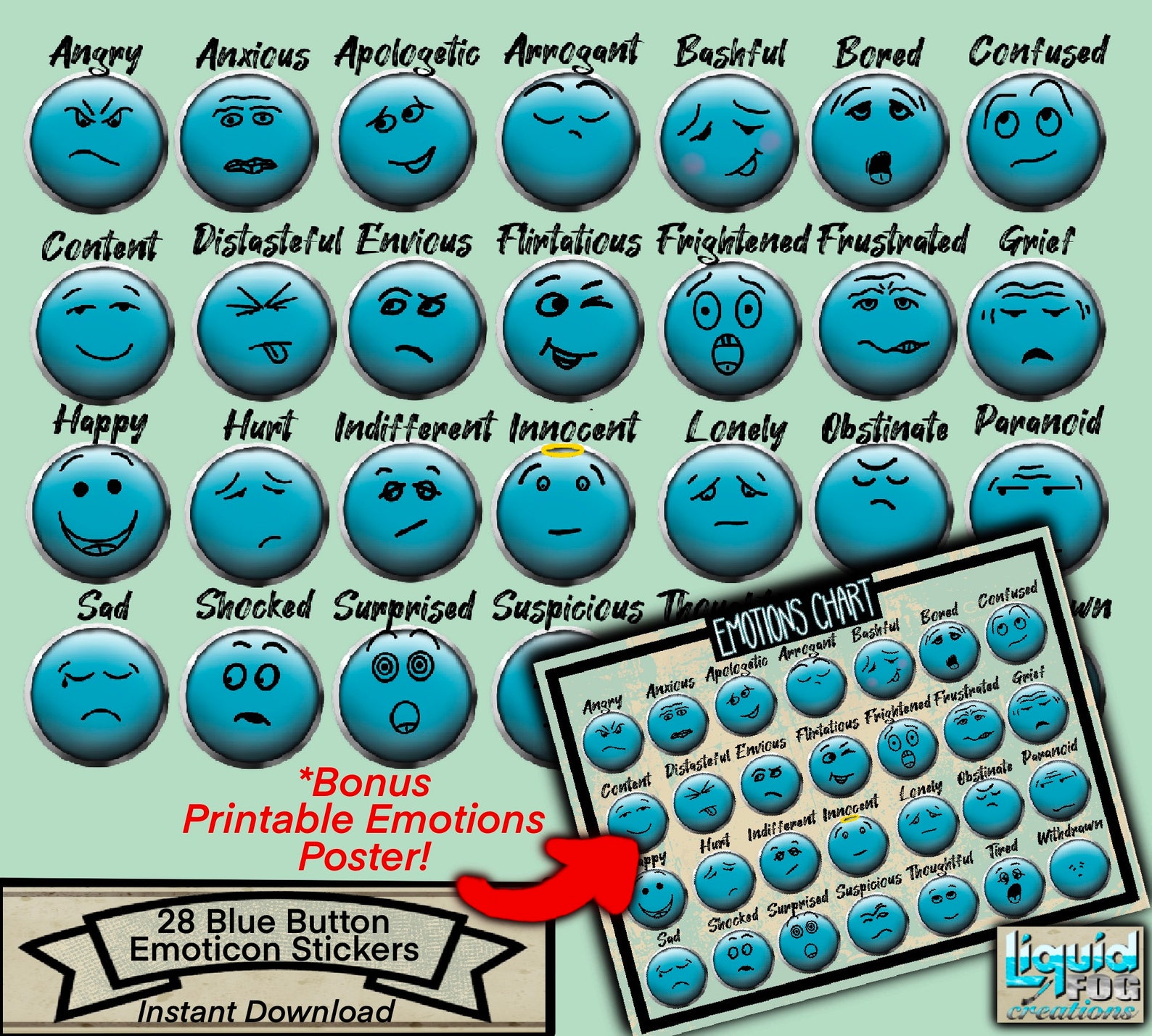 28 Emoji or Emoticon Buttons Sticker Collection blue for Scrapbooking ...