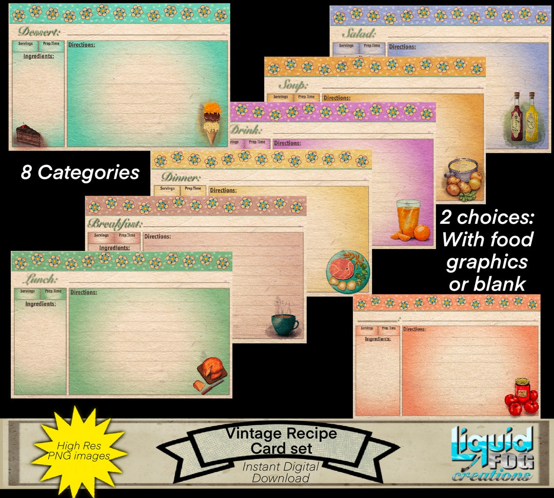 Retro Weathered Vintage Digital Printable Recipe Cards - Multi-coloured ...