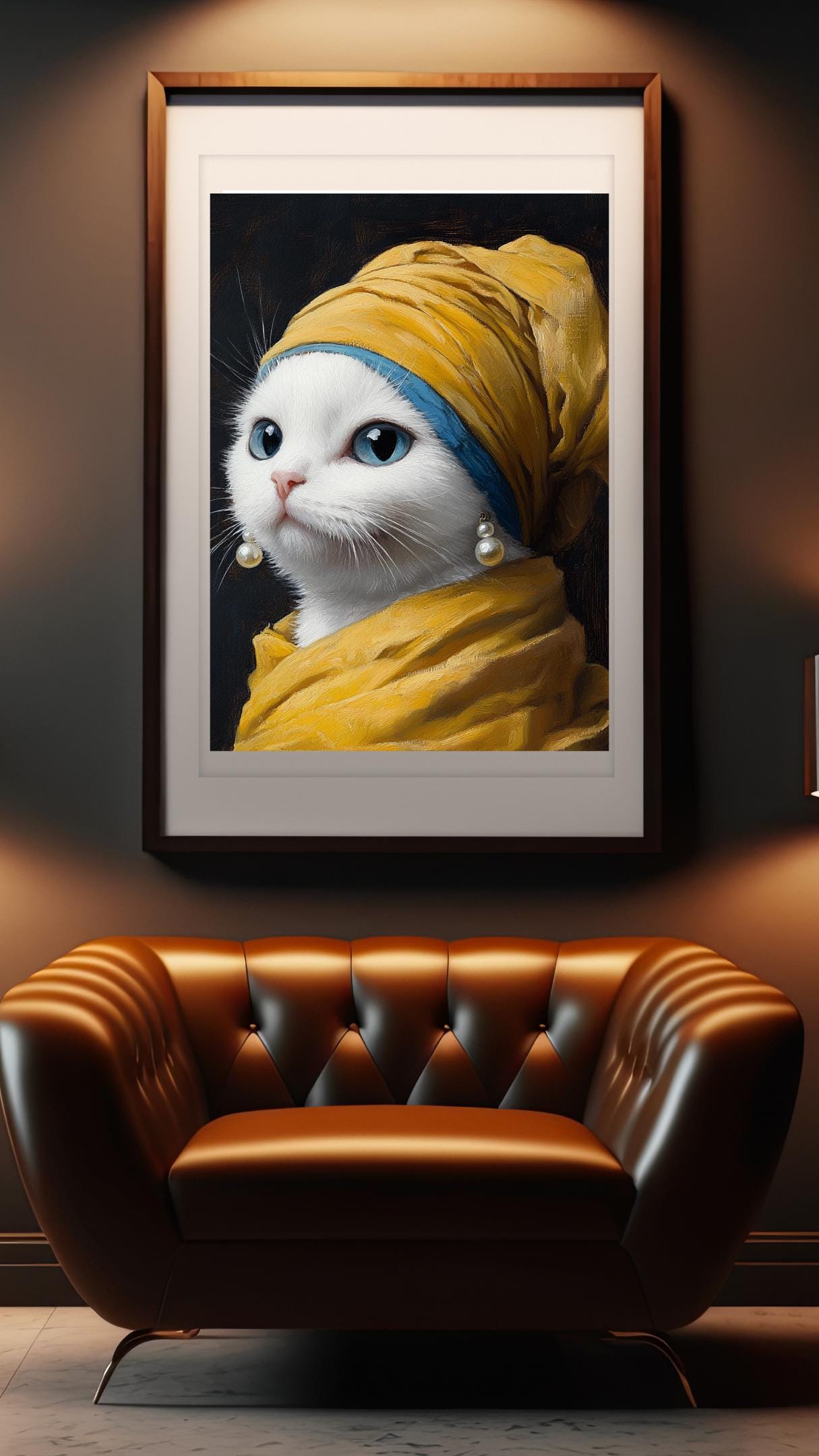 Vintage White Cat Art Print / Cat With Turban and Pearl Earring ...