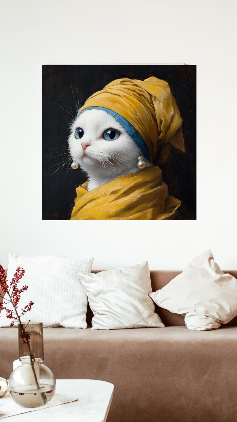 Vintage White Cat Art Print / Cat With Turban and Pearl Earring ...