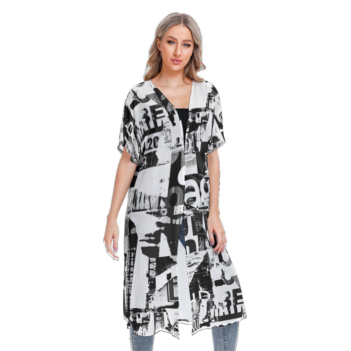 Women's Long Newspaper Print Cardigan With Short Sleeves - Etsy