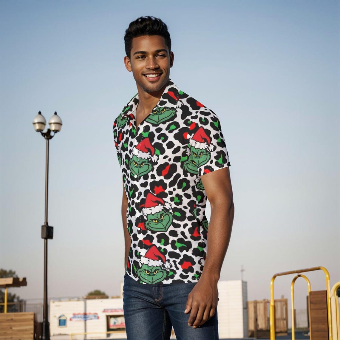Mens Grinch Leopard Print Short Sleeve Button-up Shirt - Etsy
