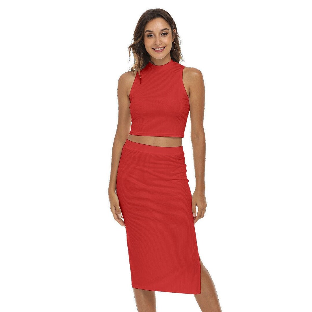 Red Sleeveless Crop Top and Split Thigh Skirt Set - Etsy