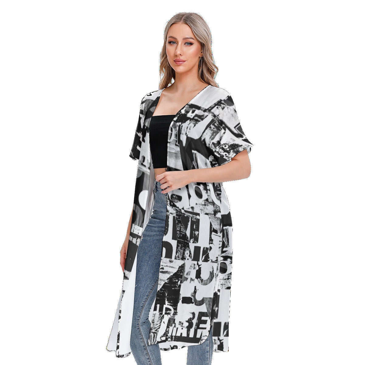 Women's Long Newspaper Print Cardigan With Short Sleeves - Etsy