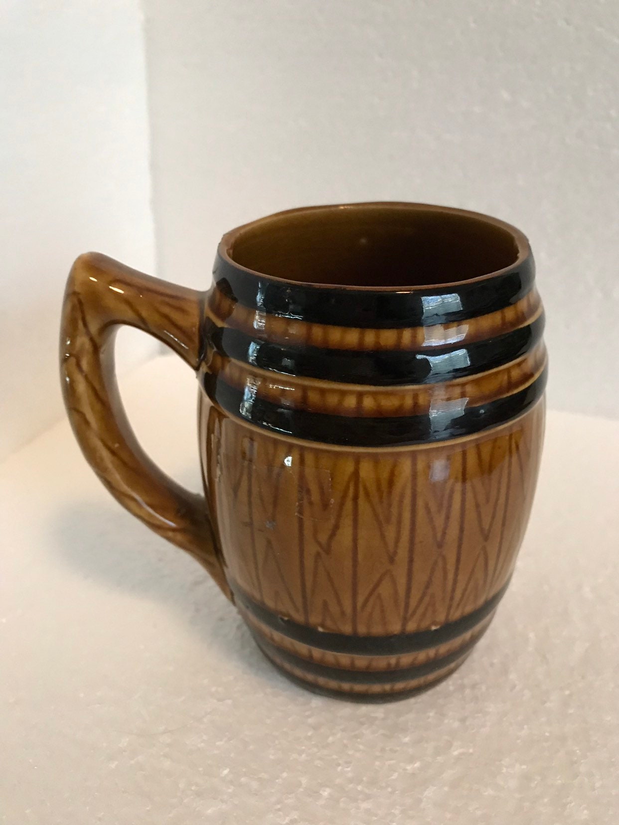 Vintage Brown Ceramic Barrel Mug. Hand Painted. Made in Japan. Beer Mug ...