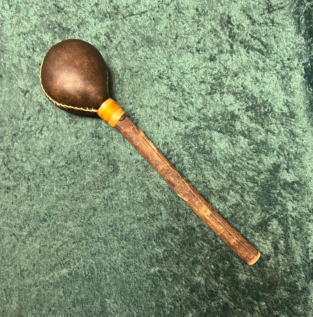 Large Horse Round Rawhide Rattle, Natural and Gold Sinew, Willow Stick ...