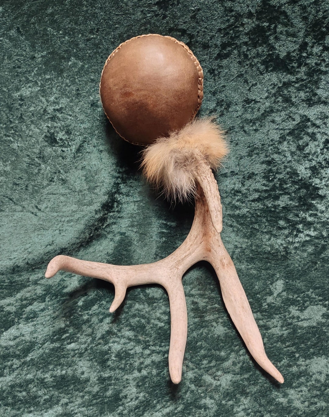 Extra Large Horse Round Rawhide Rattle, Natural Sinew on Deer Antler W ...