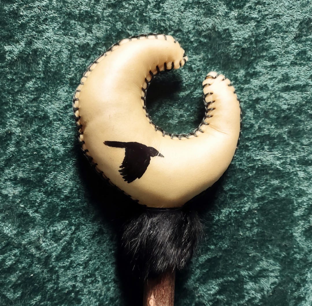 Large Elk Crescent Moon W/raven Rawhide Shaman Rattle, Black Sinew ...