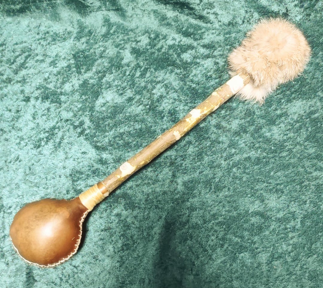 Large Elk Rawhide Rattle / Medium Rabbit Fur Drum Beater Combo, Natural ...