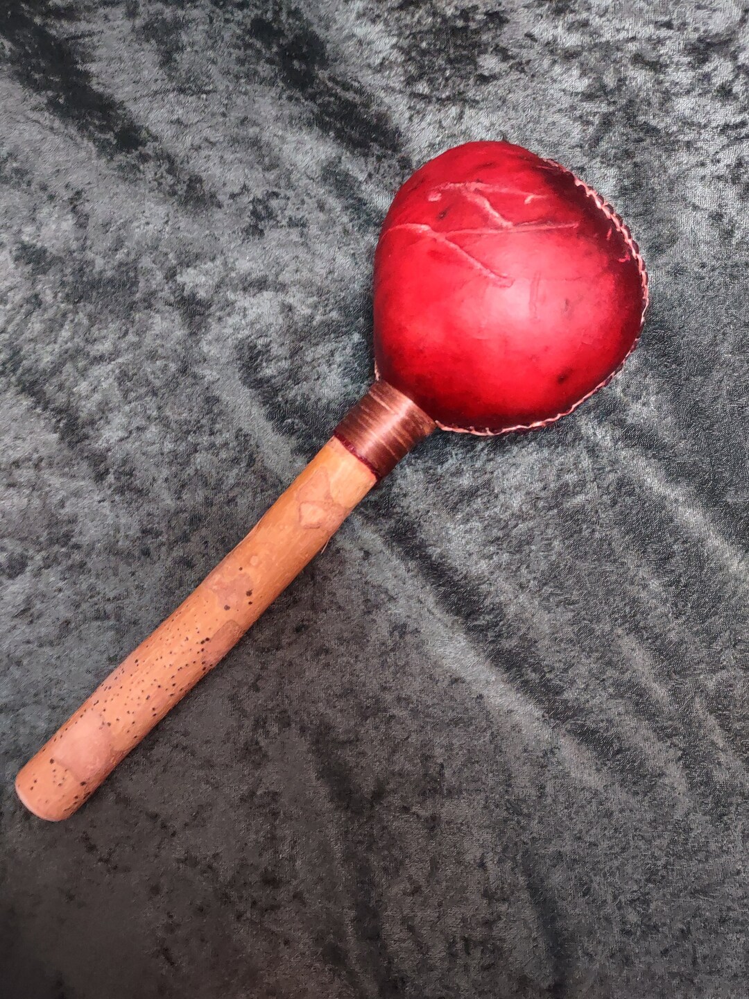 XL Red Dyed Deer Heart Rawhide Shaman Rattle, Red & Brown Sinew, Garnet ...