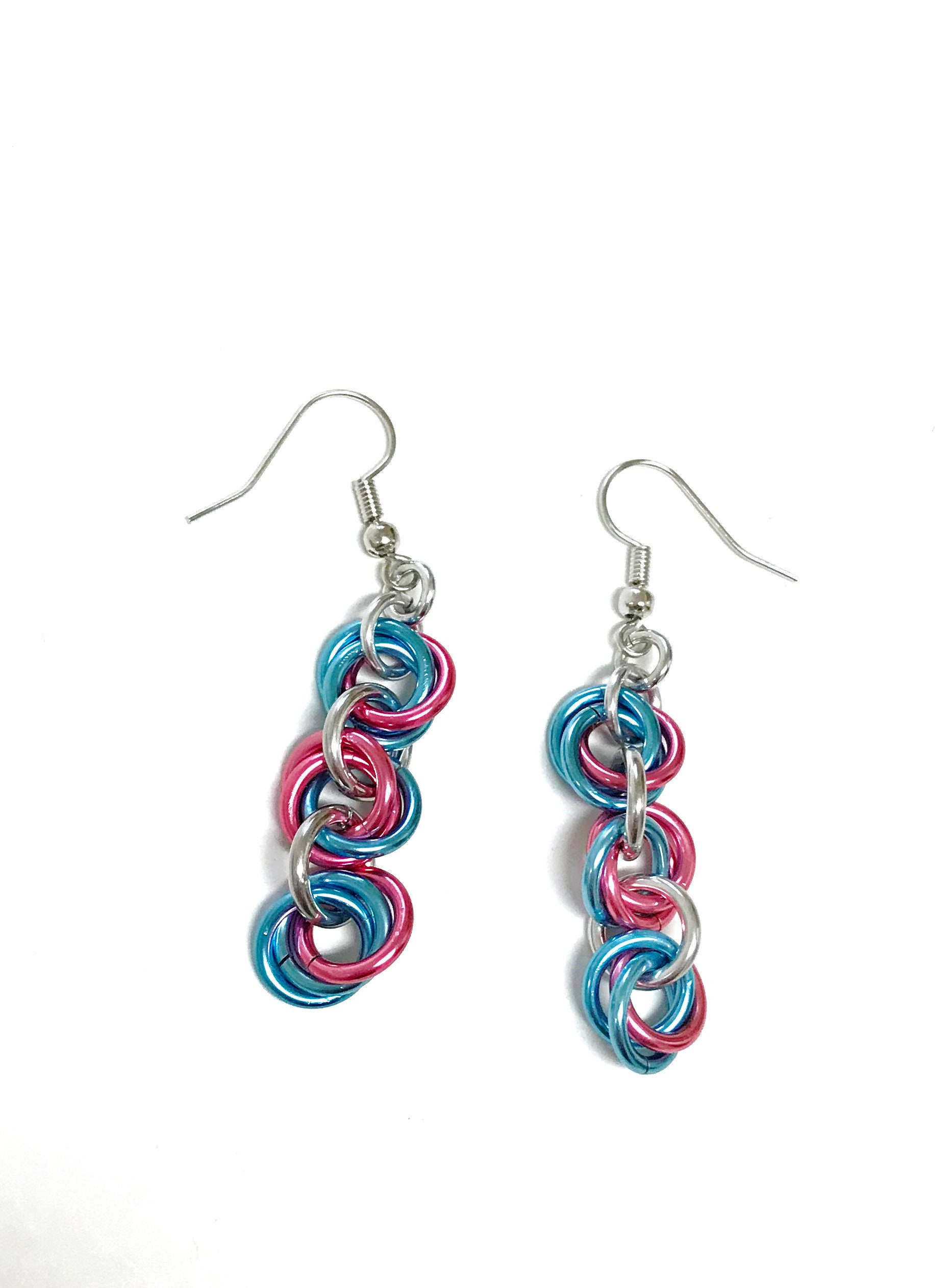 Chainmail Earrings Mobius Flowers Cotton Candy Bubble Gum Earrings Pink and Turquoise Blue ...
