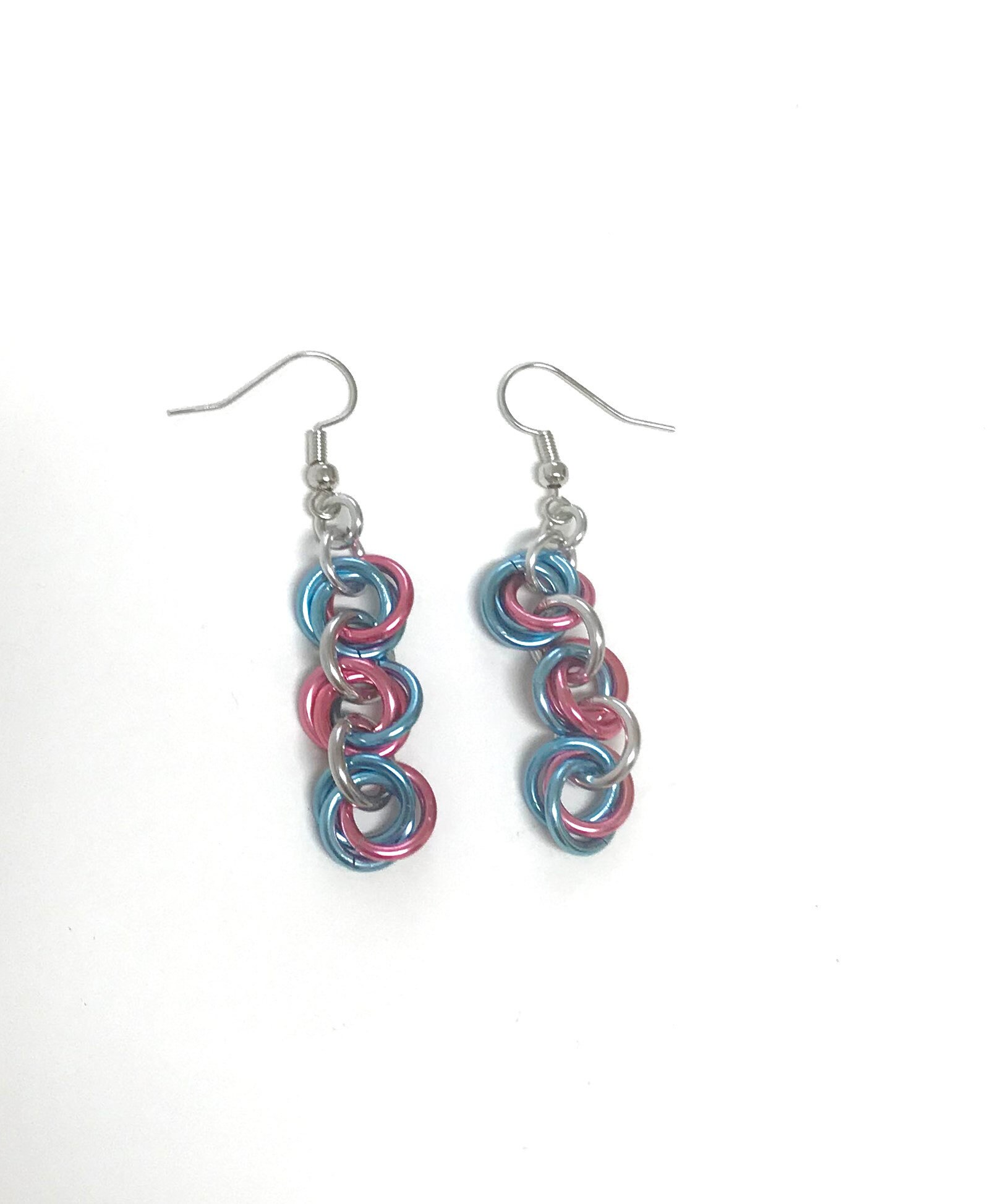 Chainmail Earrings Mobius Flowers Cotton Candy Bubble Gum Earrings Pink and Turquoise Blue ...