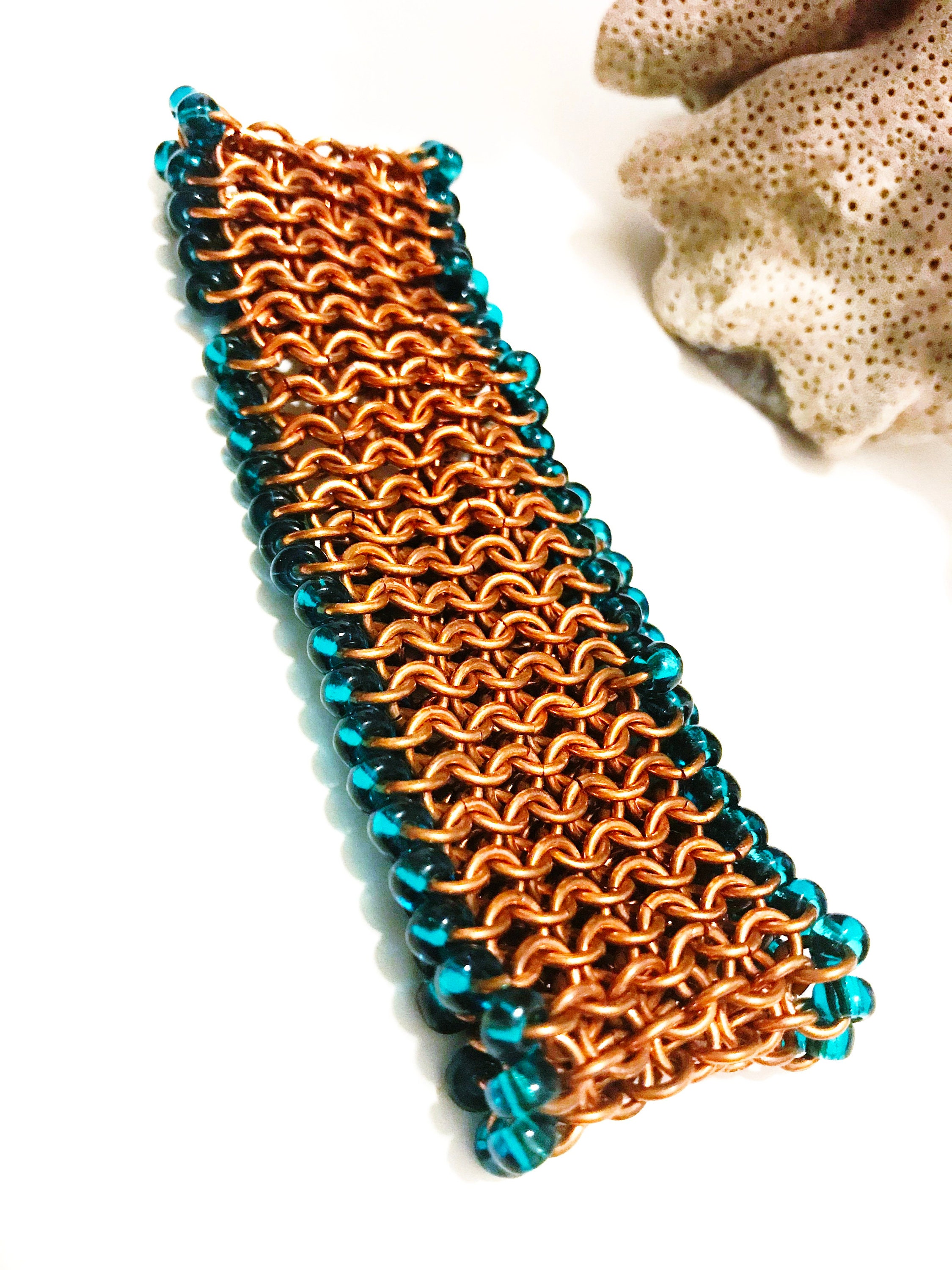 Chainmail Copper Wide Cuff Chainmail Jewelry Czech Turquoise Glass ...