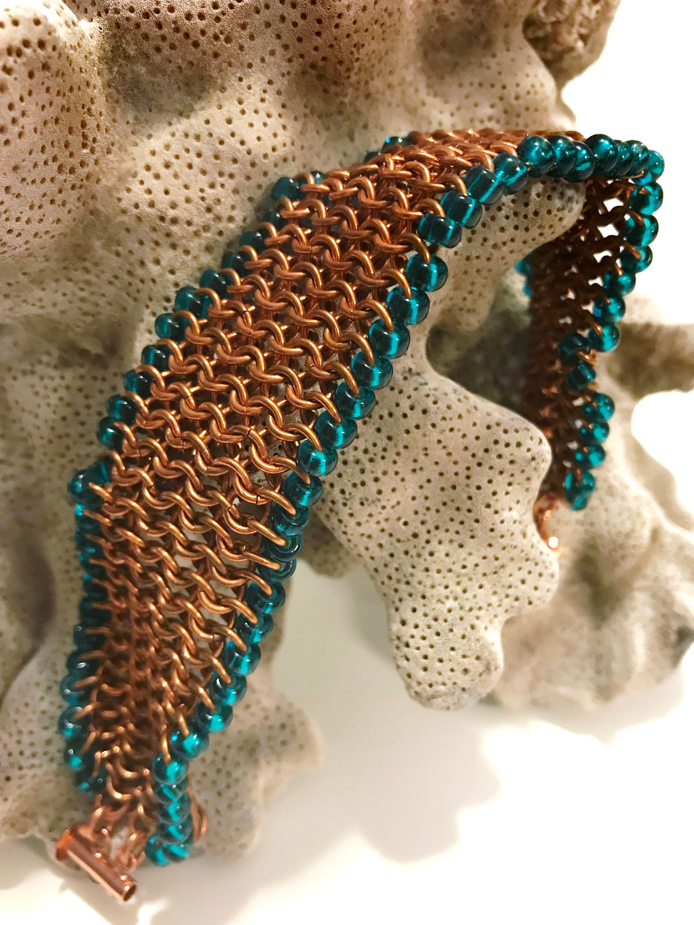 Chainmail Copper Wide Cuff Chainmail Jewelry Czech Turquoise Glass ...