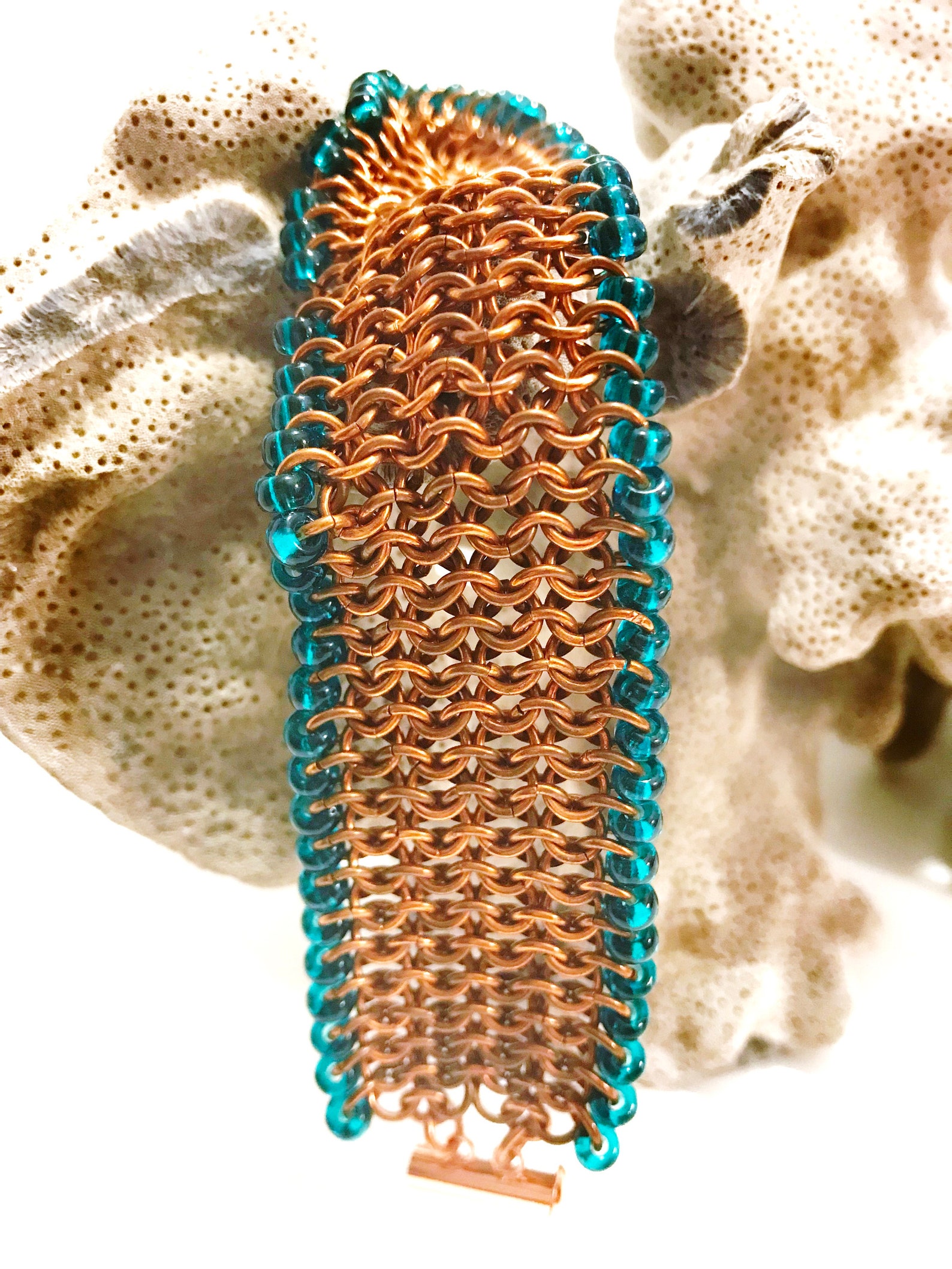 Chainmail Copper Wide Cuff Chainmail Jewelry Czech Turquoise Glass ...