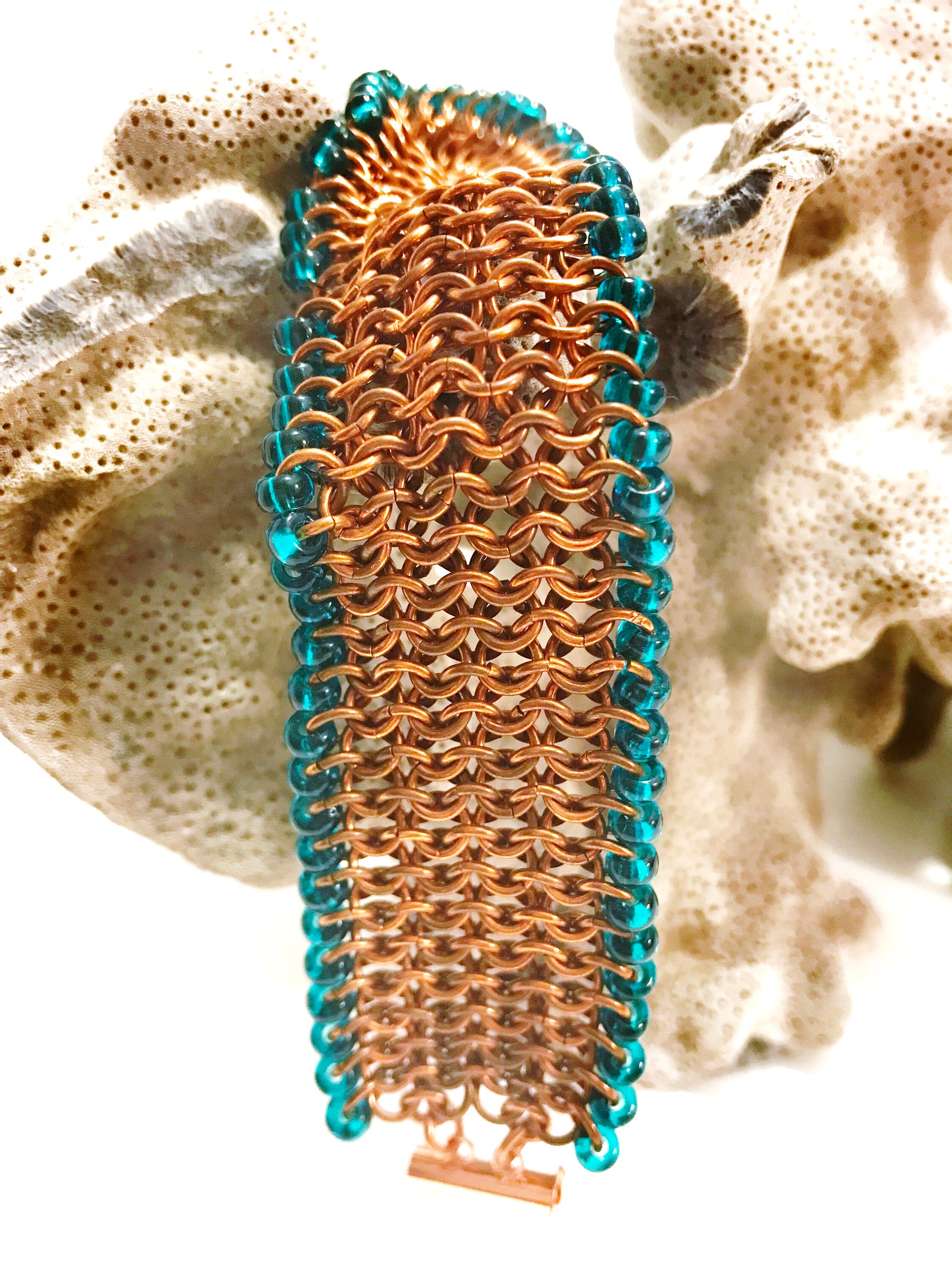 Chainmail Copper Wide Cuff Chainmail Jewelry Czech Turquoise Glass ...