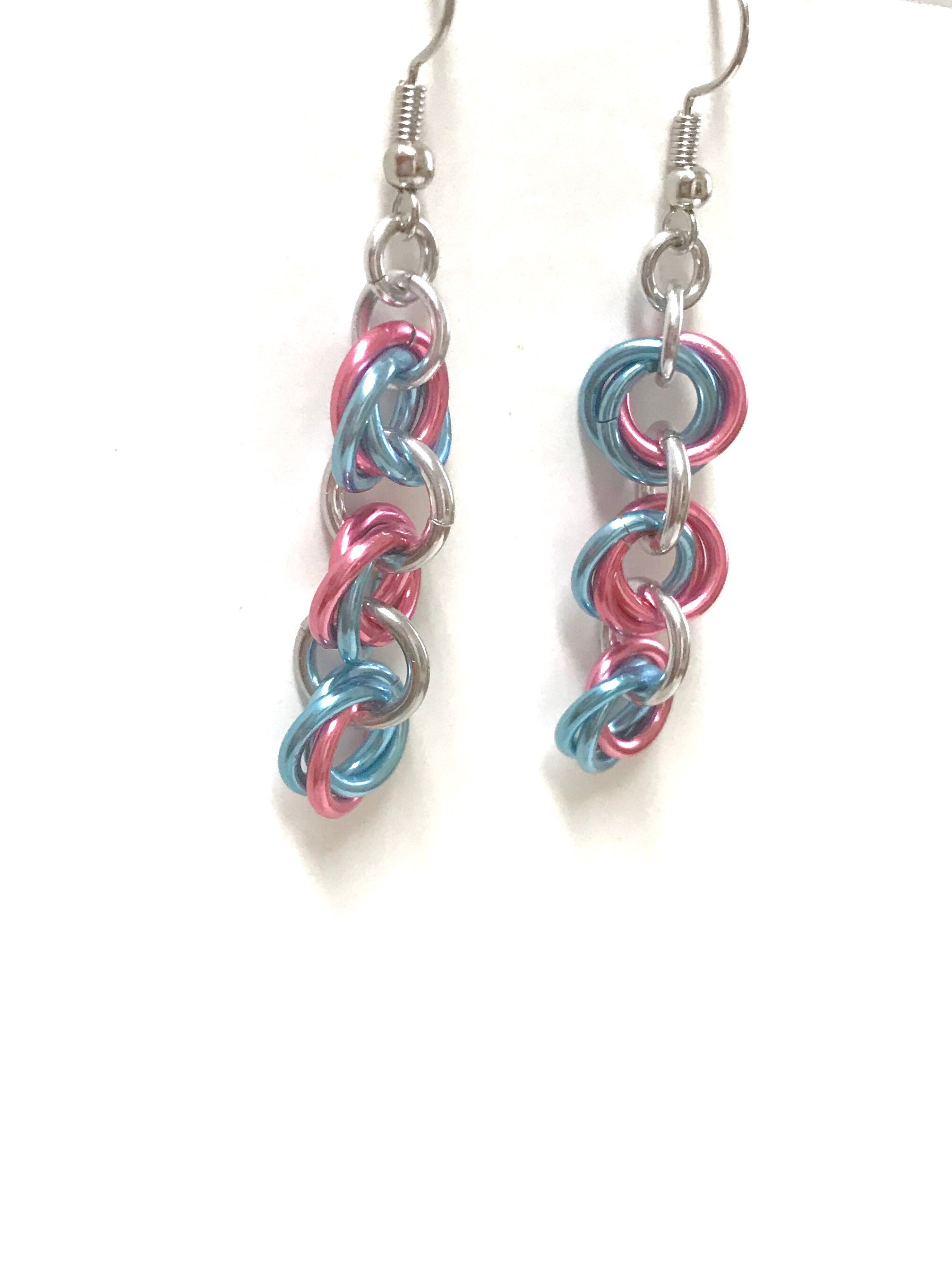 Chainmail Earrings Mobius Flowers Cotton Candy Bubble Gum Earrings Pink and Turquoise Blue ...