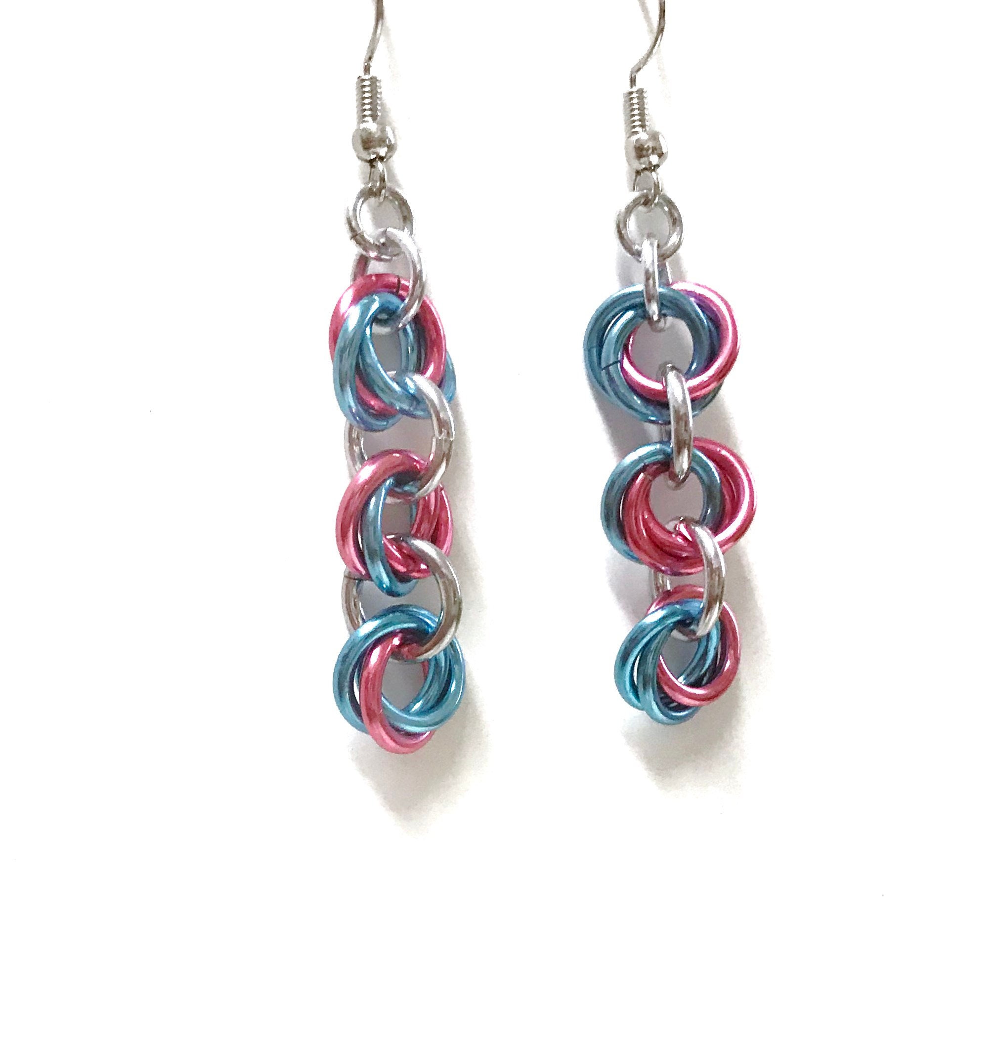 Chainmail Earrings Mobius Flowers Cotton Candy Bubble Gum Earrings Pink and Turquoise Blue ...