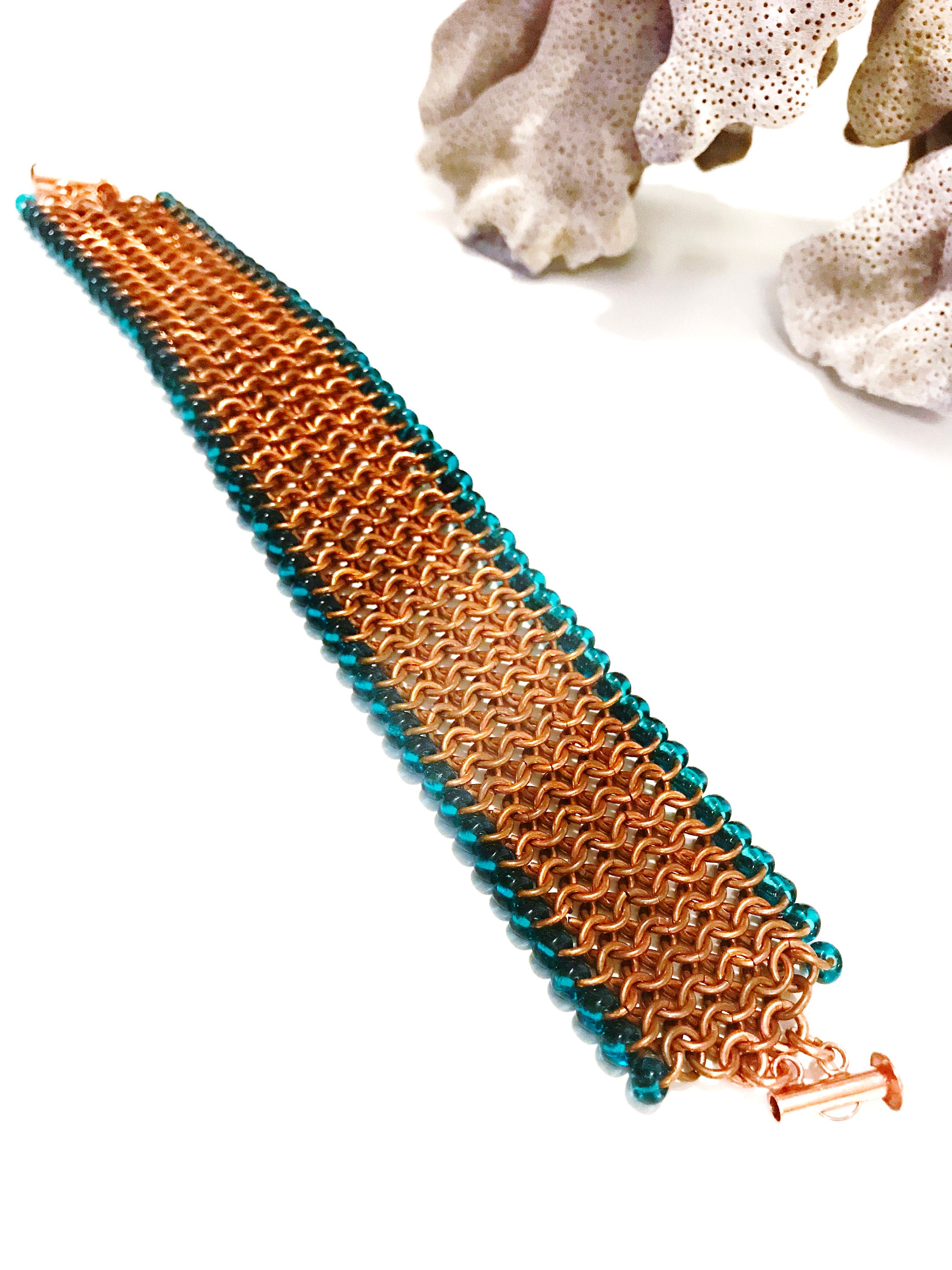 Chainmail Copper Wide Cuff Chainmail Jewelry Czech Turquoise Glass ...