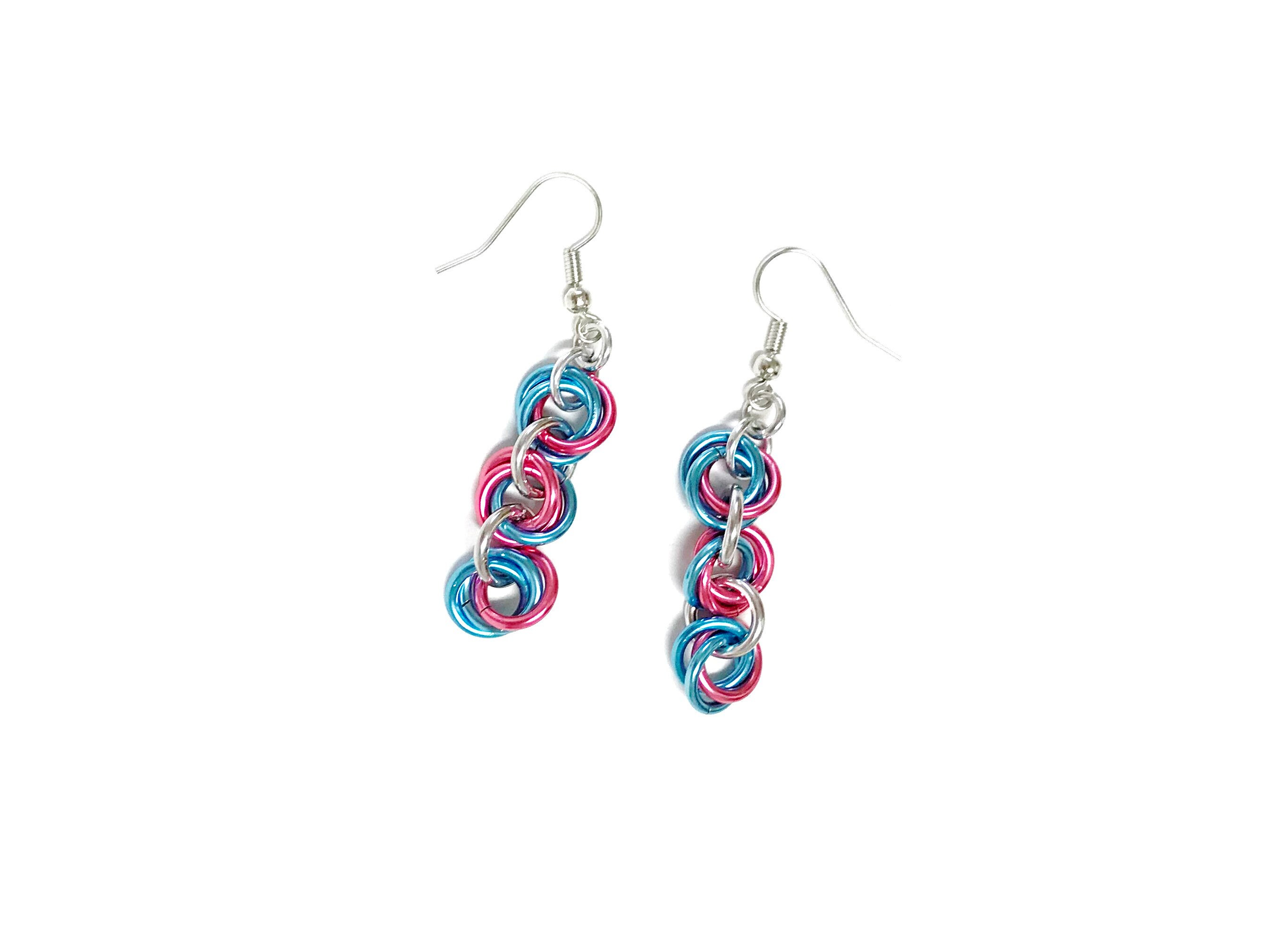 Chainmail Earrings Mobius Flowers Cotton Candy Bubble Gum Earrings Pink and Turquoise Blue ...
