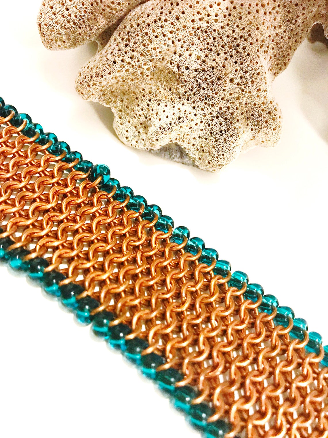 Chainmail Copper Wide Cuff Chainmail Jewelry Czech Turquoise Glass ...