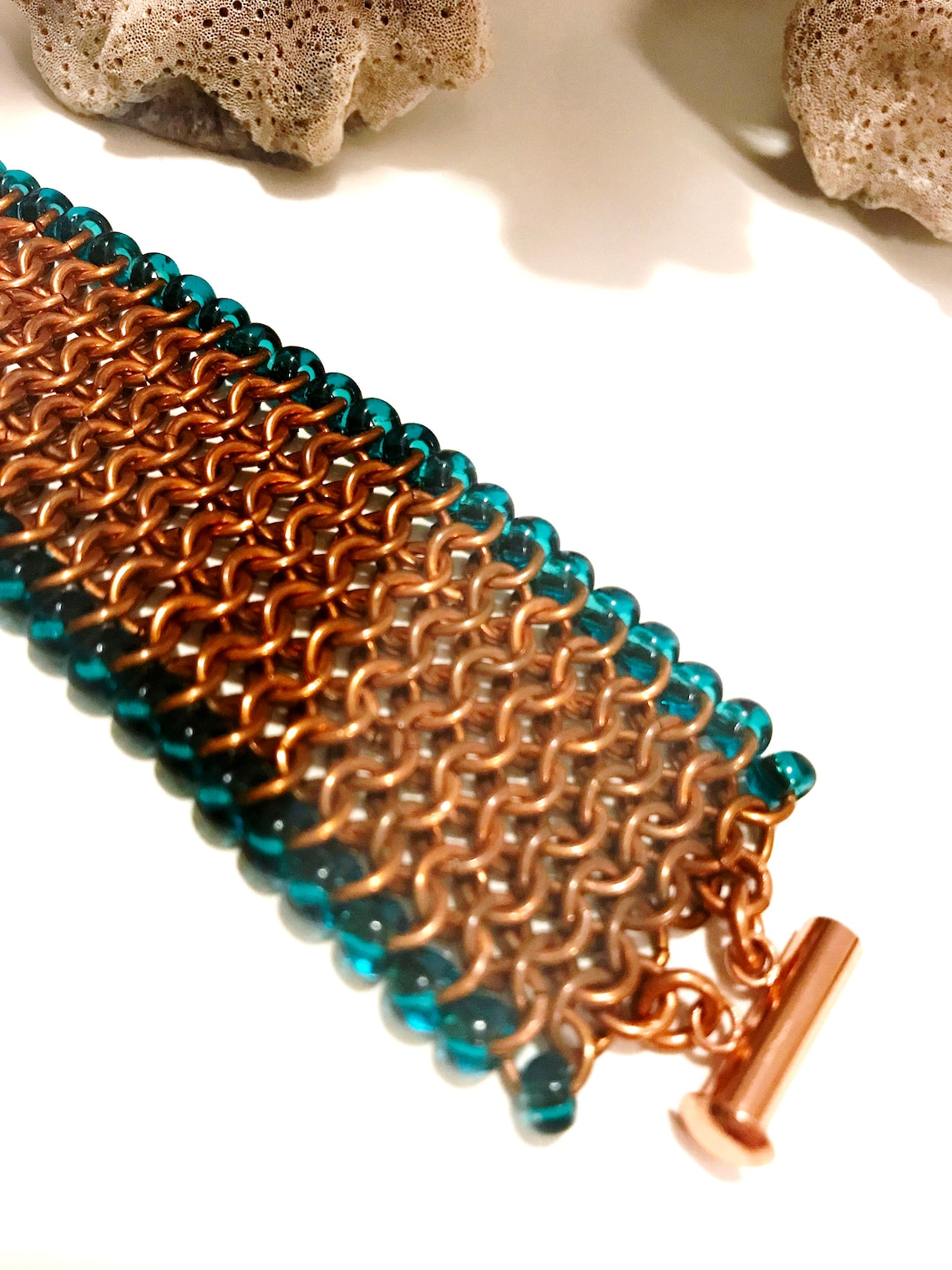 Chainmail Copper Wide Cuff Chainmail Jewelry Czech Turquoise Glass ...