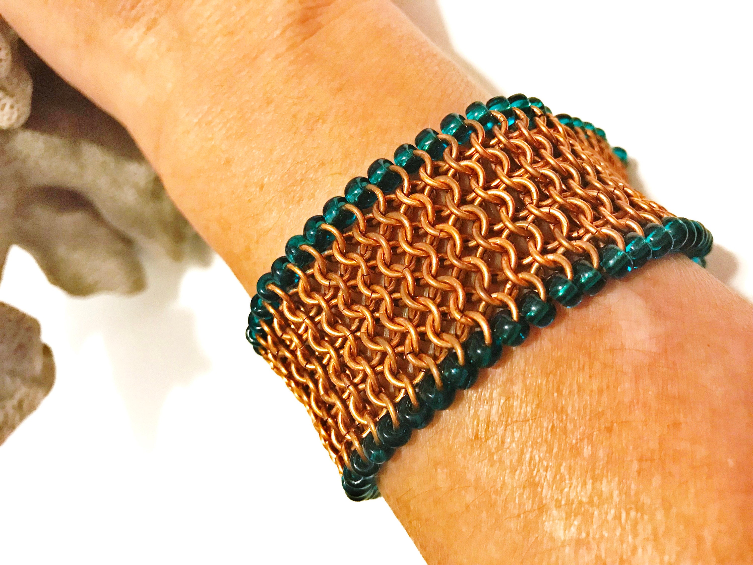 Chainmail Copper Wide Cuff Chainmail Jewelry Czech Turquoise Glass ...