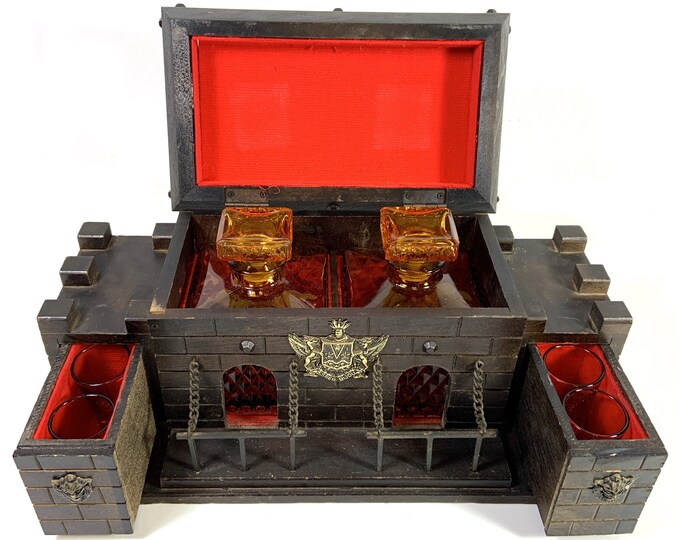 1970s Castle Bar Set With 2 Amber Glass Decanters and 4 Shot Glasses ...