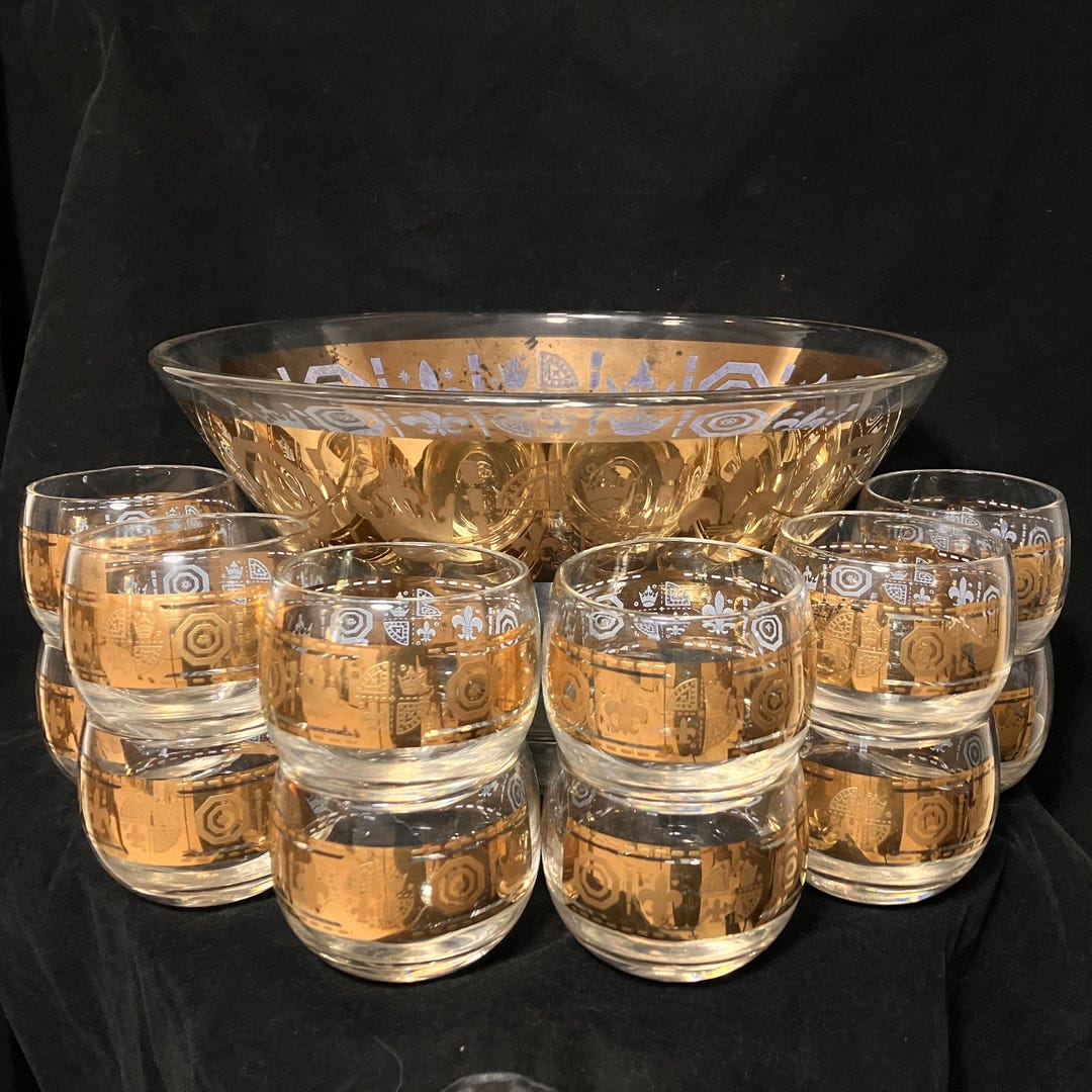 1970s Punch Bowl Set With 12 Roly Poly Cups, Vintage Mid Century Gold ...