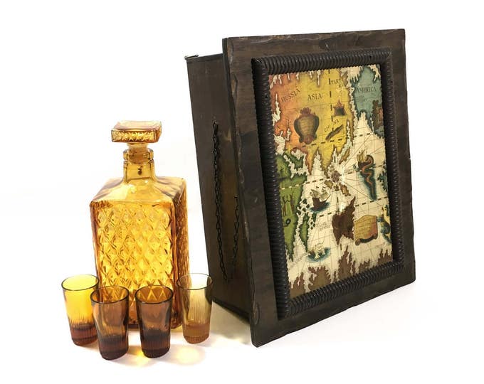 Vintage hidden Decanter Bar Set With Wooden Map Box Holder, Amber Glass ...