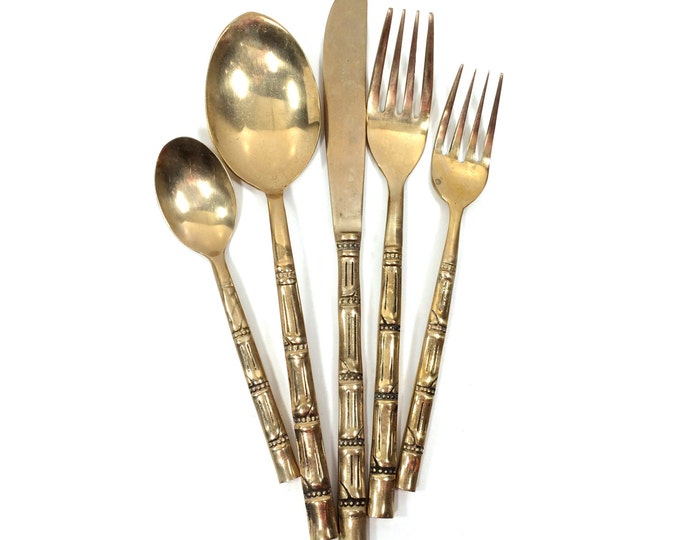 Vintage Brass Flatware Set With Bamboo Handle Design, Single Place ...