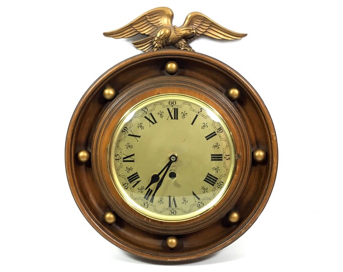 Vintage Wooden Wall Clock With Federal Eagle Motif and Convex Round ...