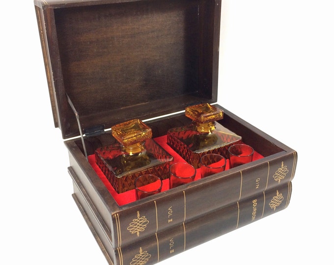 Vintage "hidden" Decanter Bar Set With Book Holder, 2 Amber Decanters ...