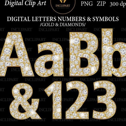 Diamond in Gold Numbers Letters Clipart PNG File Format. - Etsy