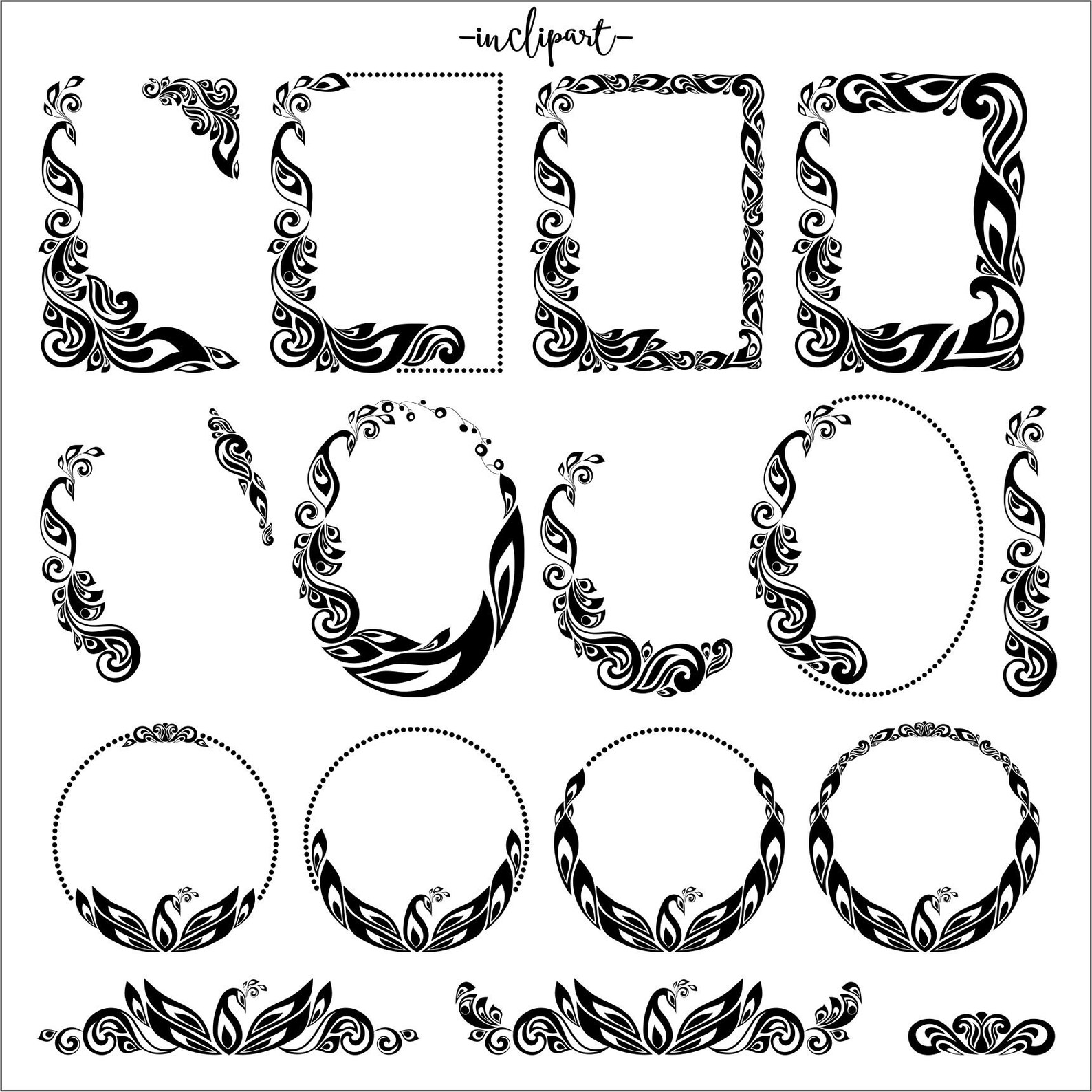 Peacock Frames Clipart. Black Frames Corners Borders. - Etsy