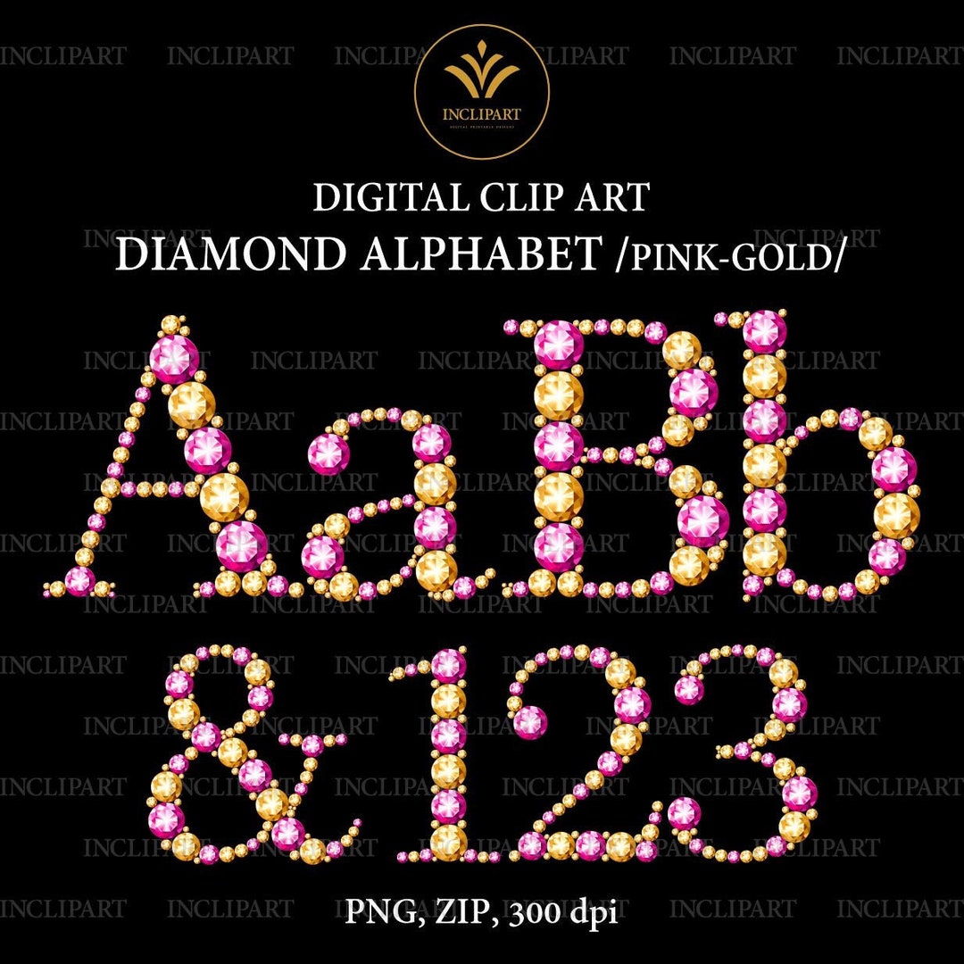 Pink, Gold Diamond Alphabet, Numbers Clip Art PNG File Format. Digital ...
