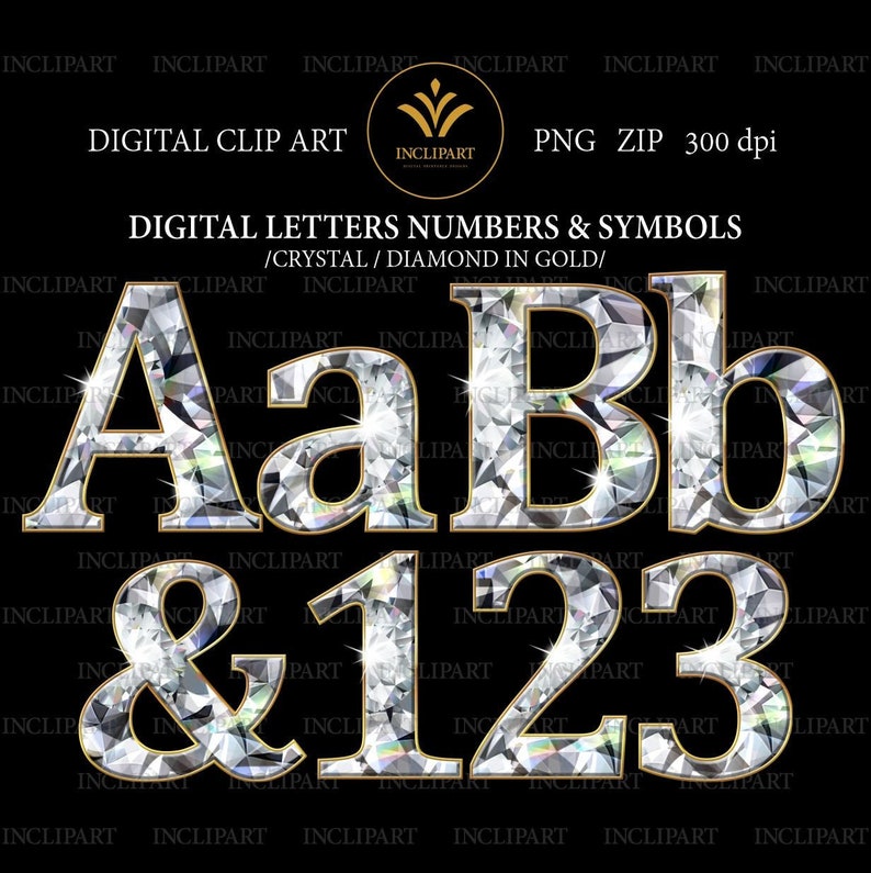 Crystal / Diamond & Gold Alphabet PNG Files Digital Clip Art. | Etsy