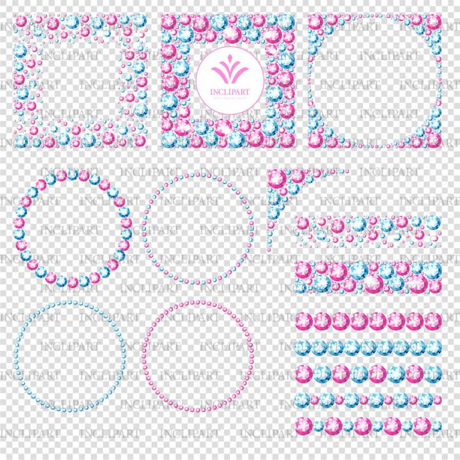Diamond Clipart. Pink and Blue Gem Frames, Borders Overlay. Rhinestone ...