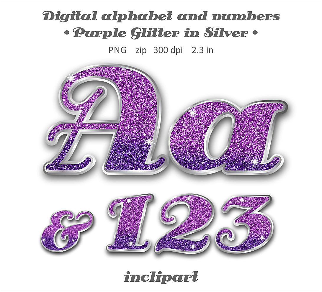 Purple Glitter Alphabet Clipart. Letters Numbers Digital | Etsy