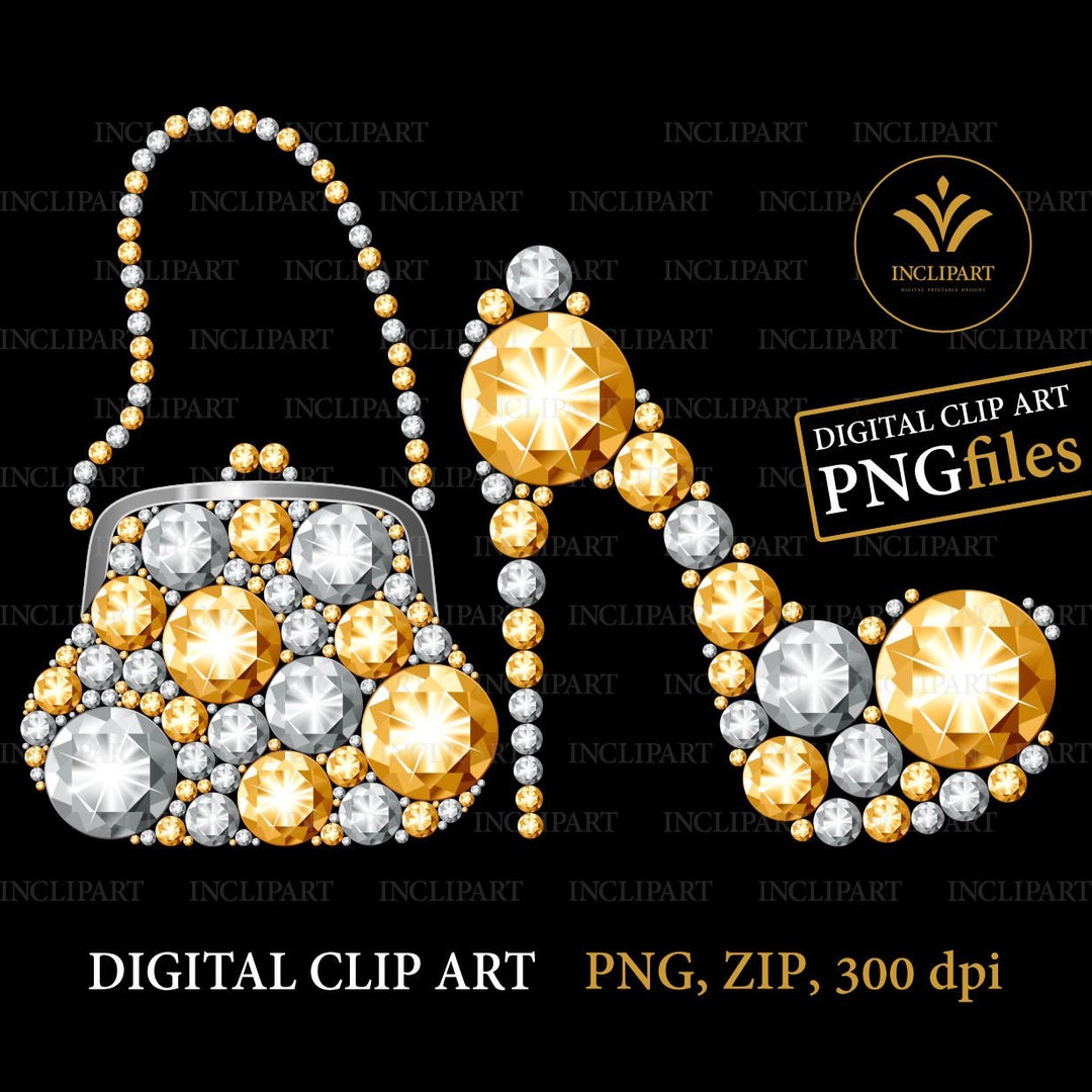 Diamond High Heel Shoe, Purse Digital Clipart PNG File Format. Gold and ...