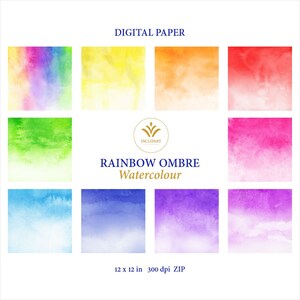 Ombre Rainbow Colour Watercolour Digital Paper Clip Art. Set of 10 JPG ...