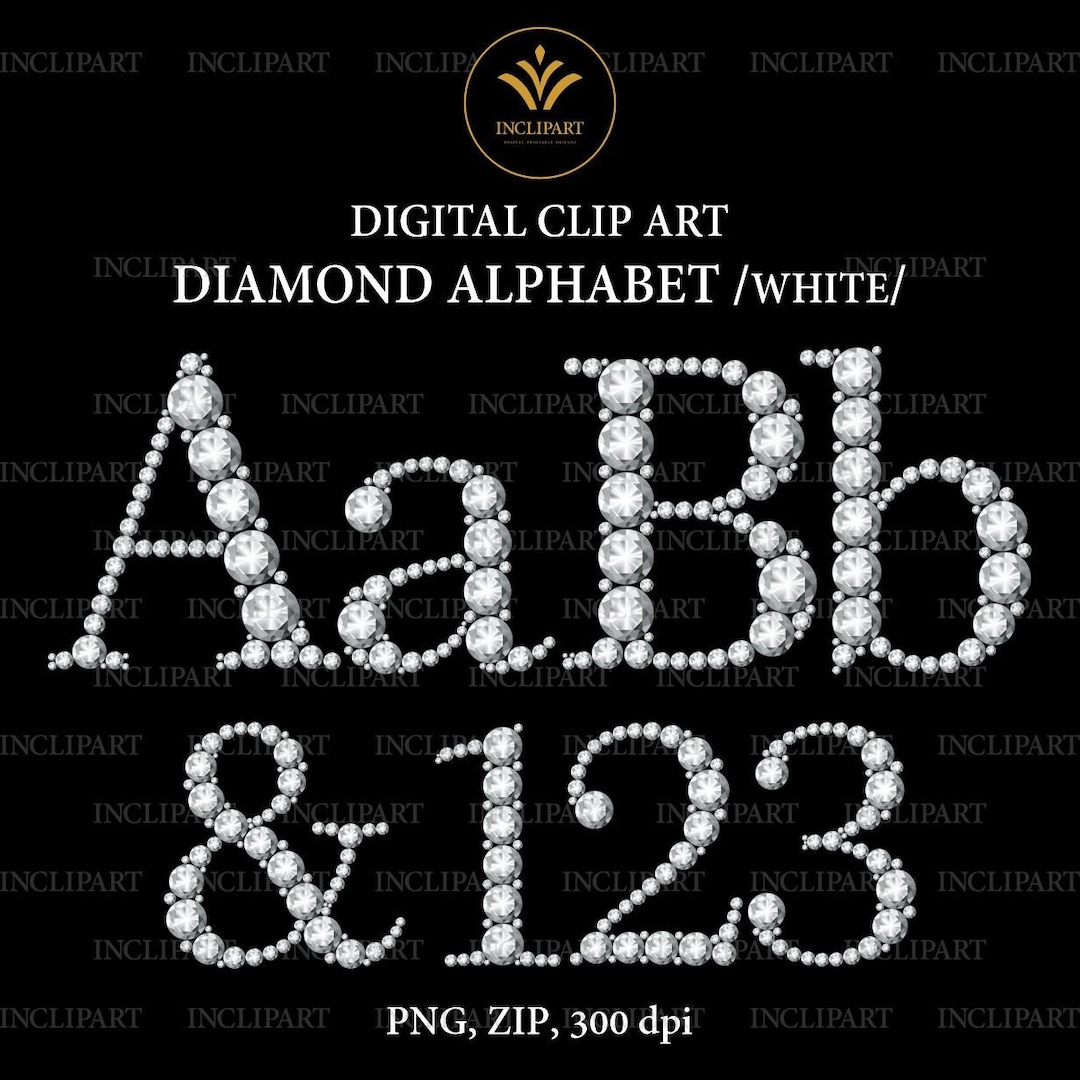 Diamond Alphabet and Numbers Clip Art PNG File Format. Digital White ...