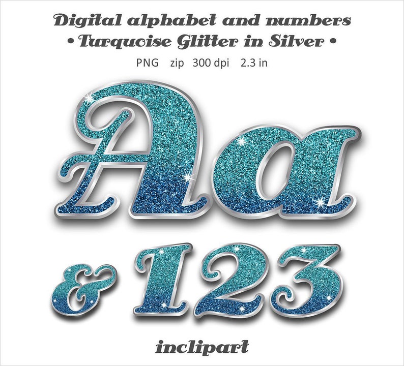 Turquoise Glitter Alphabet Clipart. Letters and Numbers - Etsy