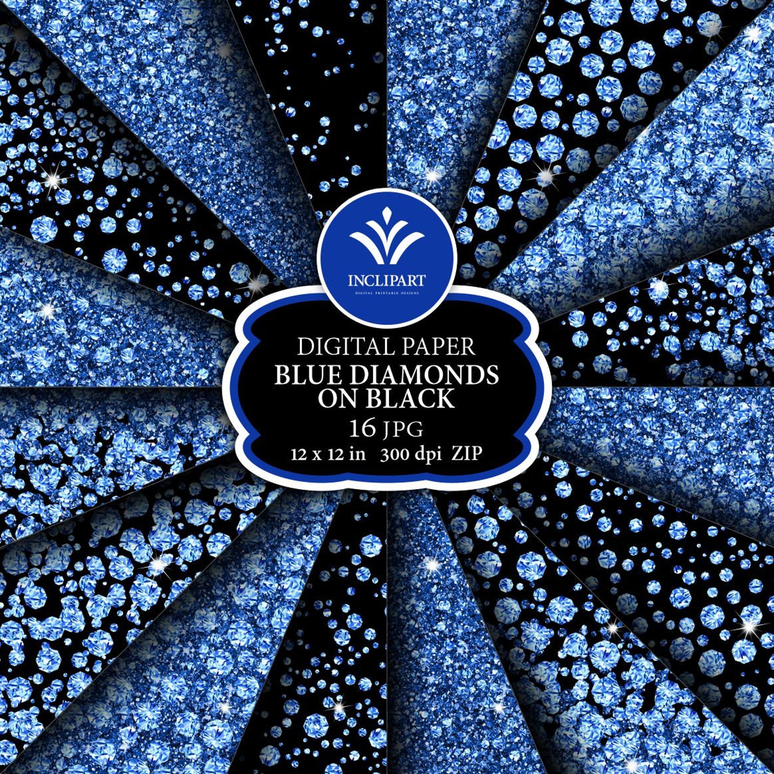 Blue Diamond Digital Paper Clipart JPG. Blink Rhinestone Gem | Etsy