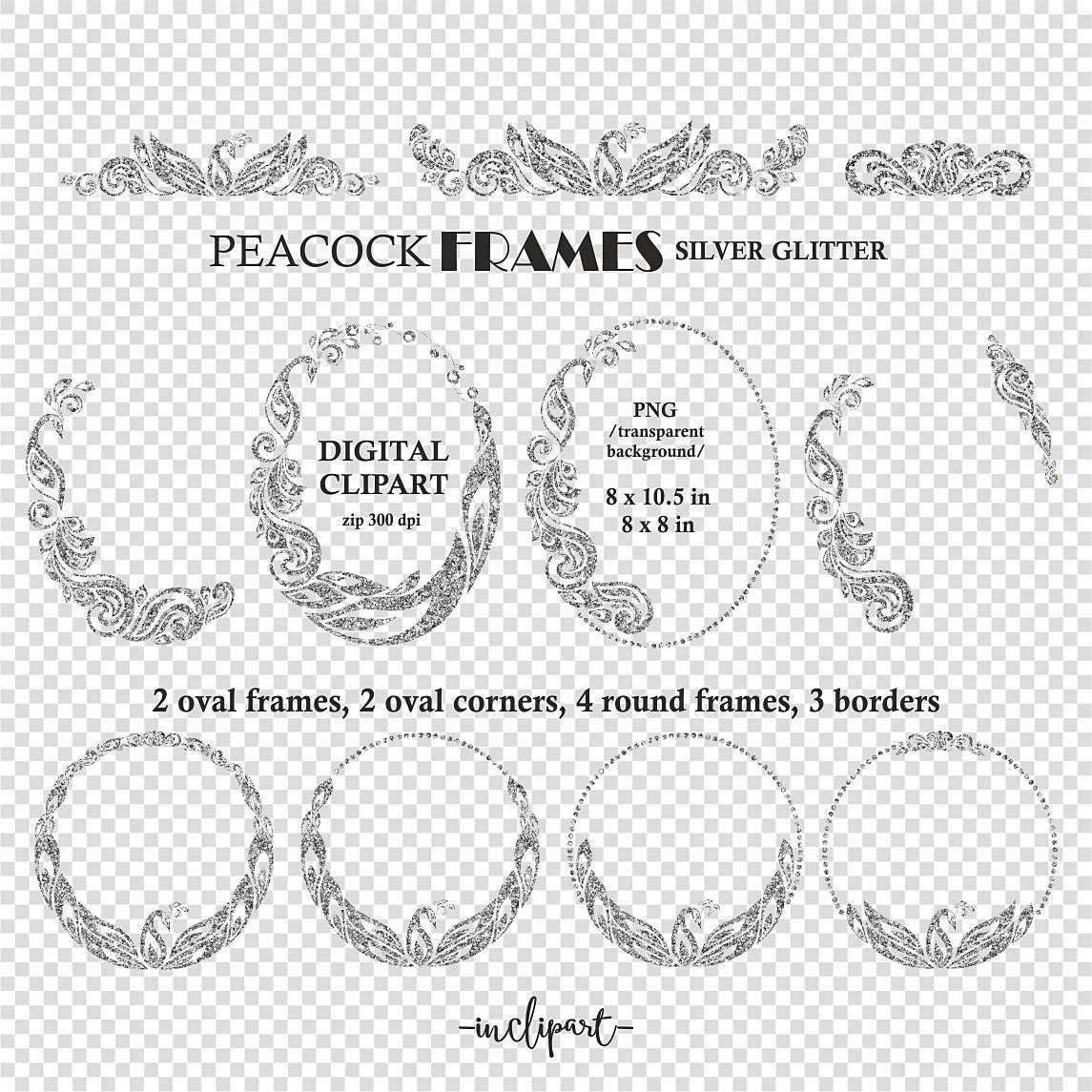Peacock Frame Clipart. Digital Silver Glitter Oval, Round Frame, Border ...