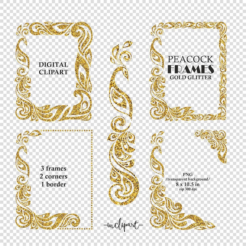 Peacock Frame Clipart Gold Glitter Frame Corner Border Etsy