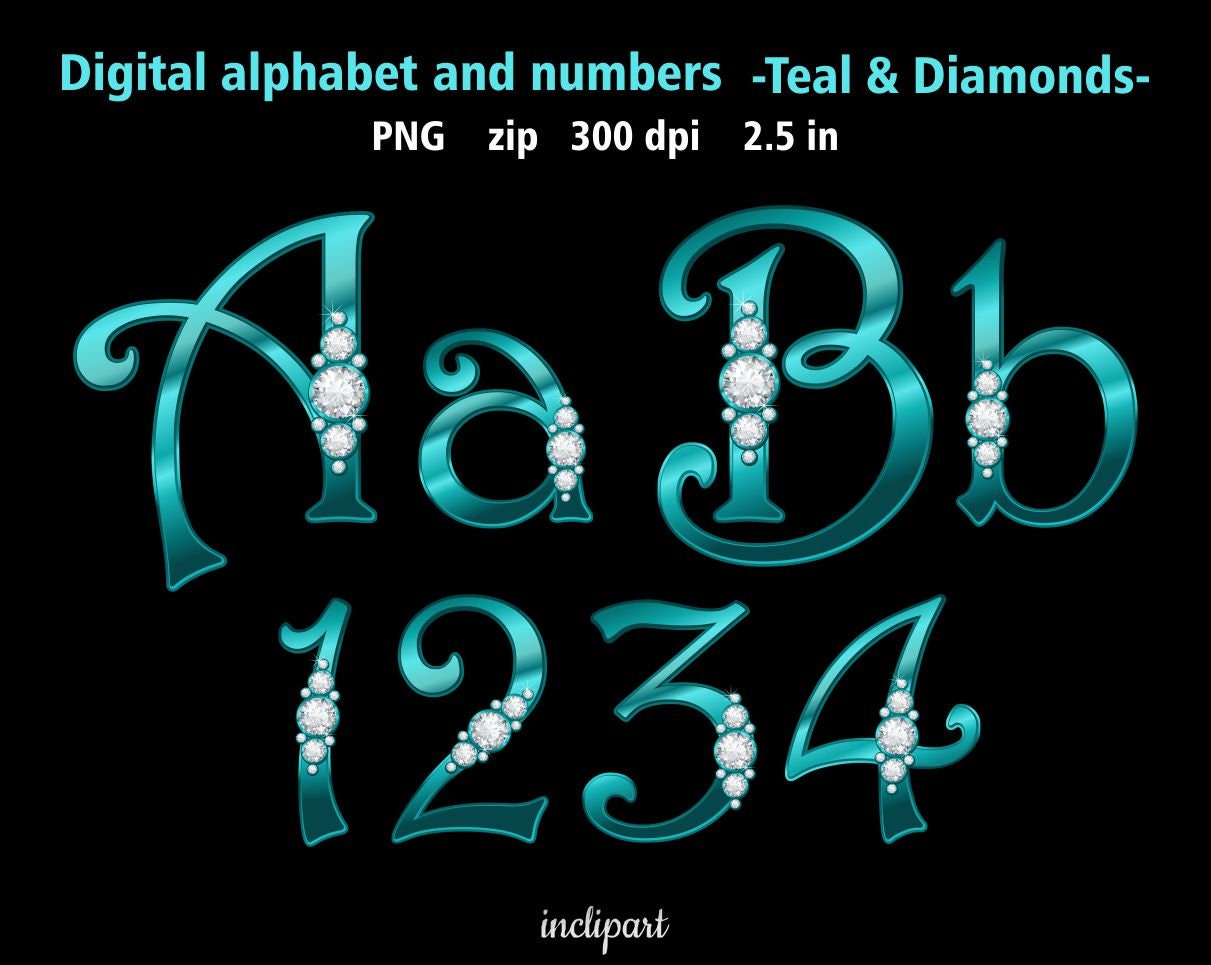 Teal and Diamonds Alphabet and Numbers Clip Art. Letters | Etsy