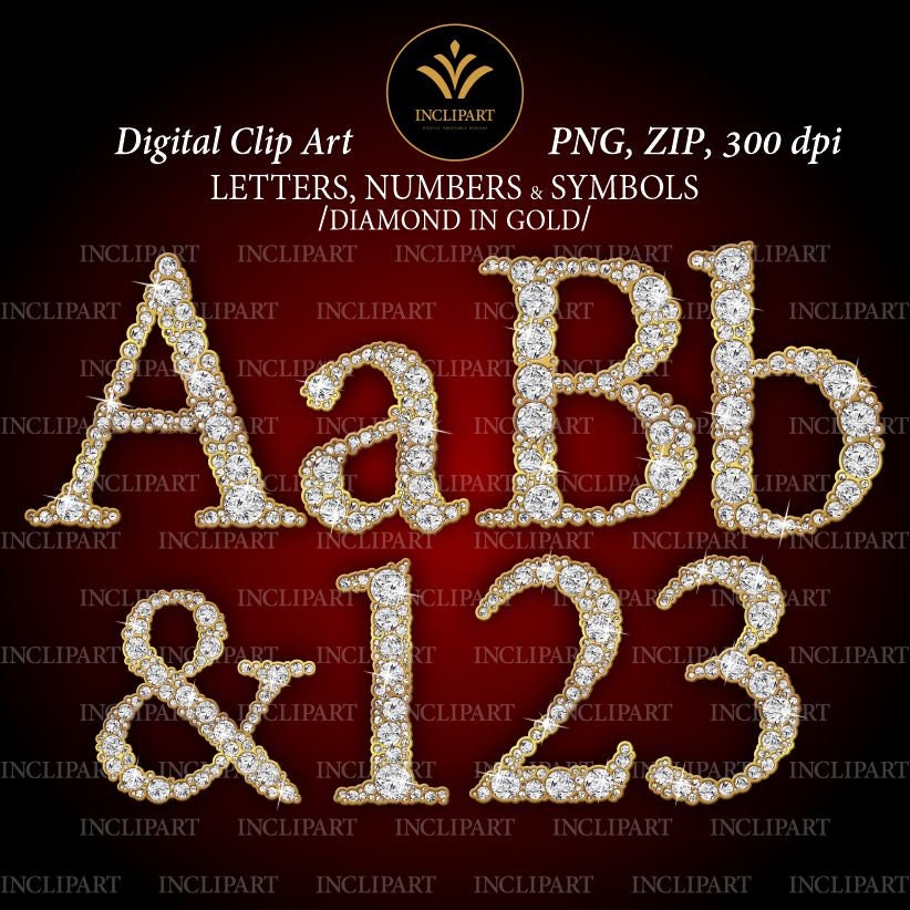 Alphabet Diamond & Gold PNG Files Digital Clip Art. Diamond Letters ...