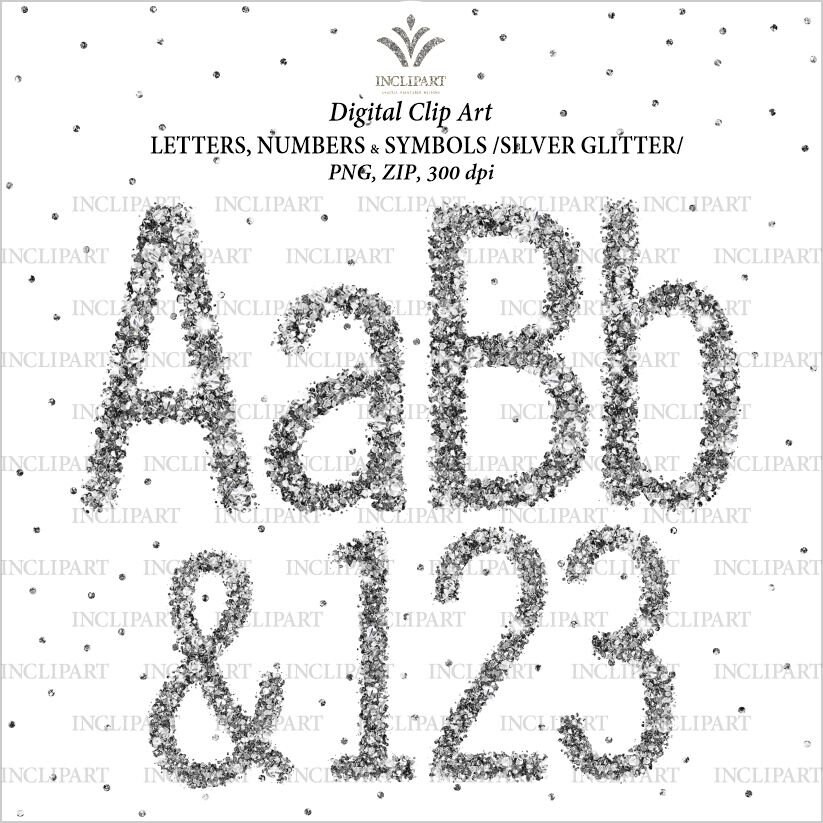 Silver glitter letters numbers symbols PNG digital clip art. | Etsy