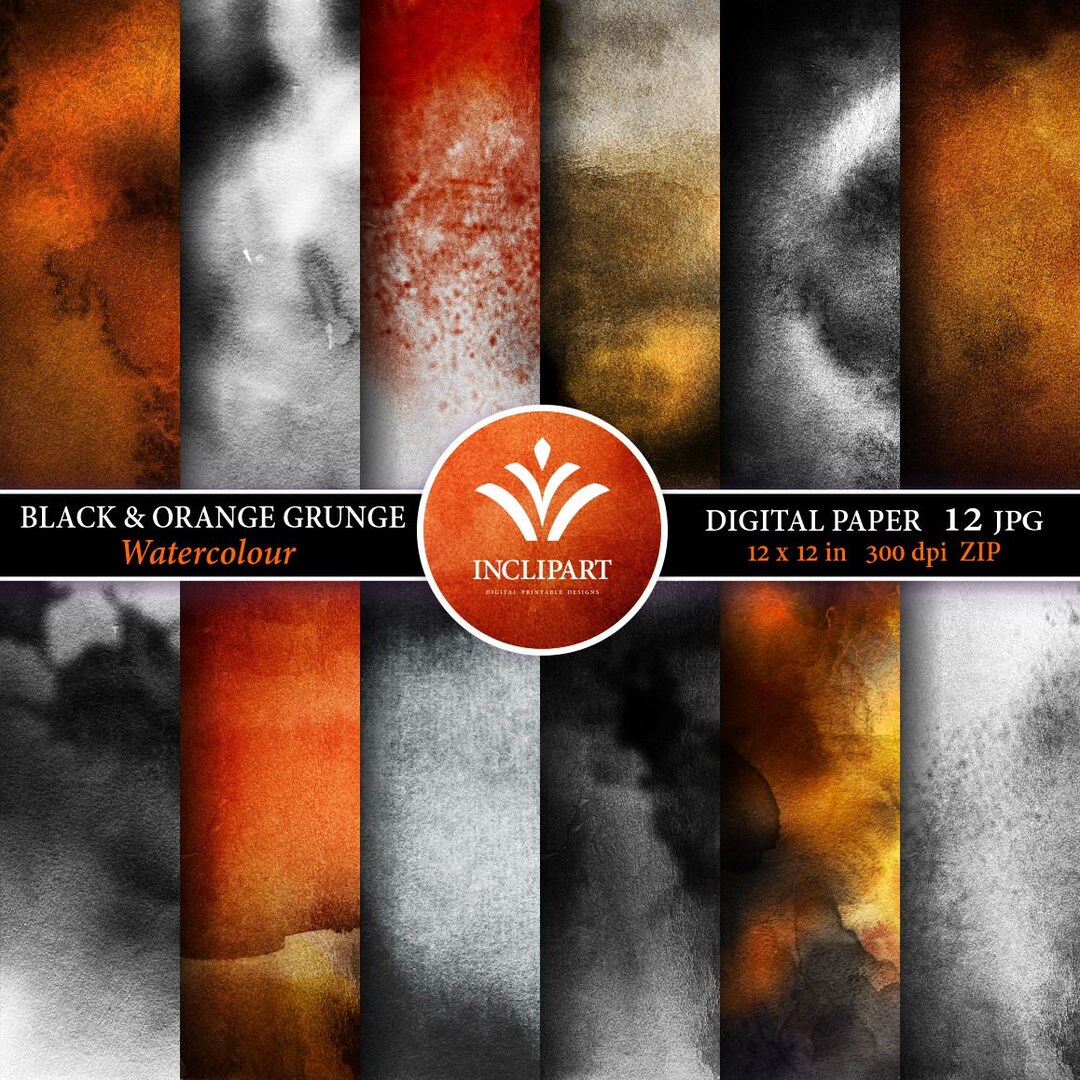 Grunge Watercolour Digital Paper Clip Art. Set of 12 JPG Black Orange ...